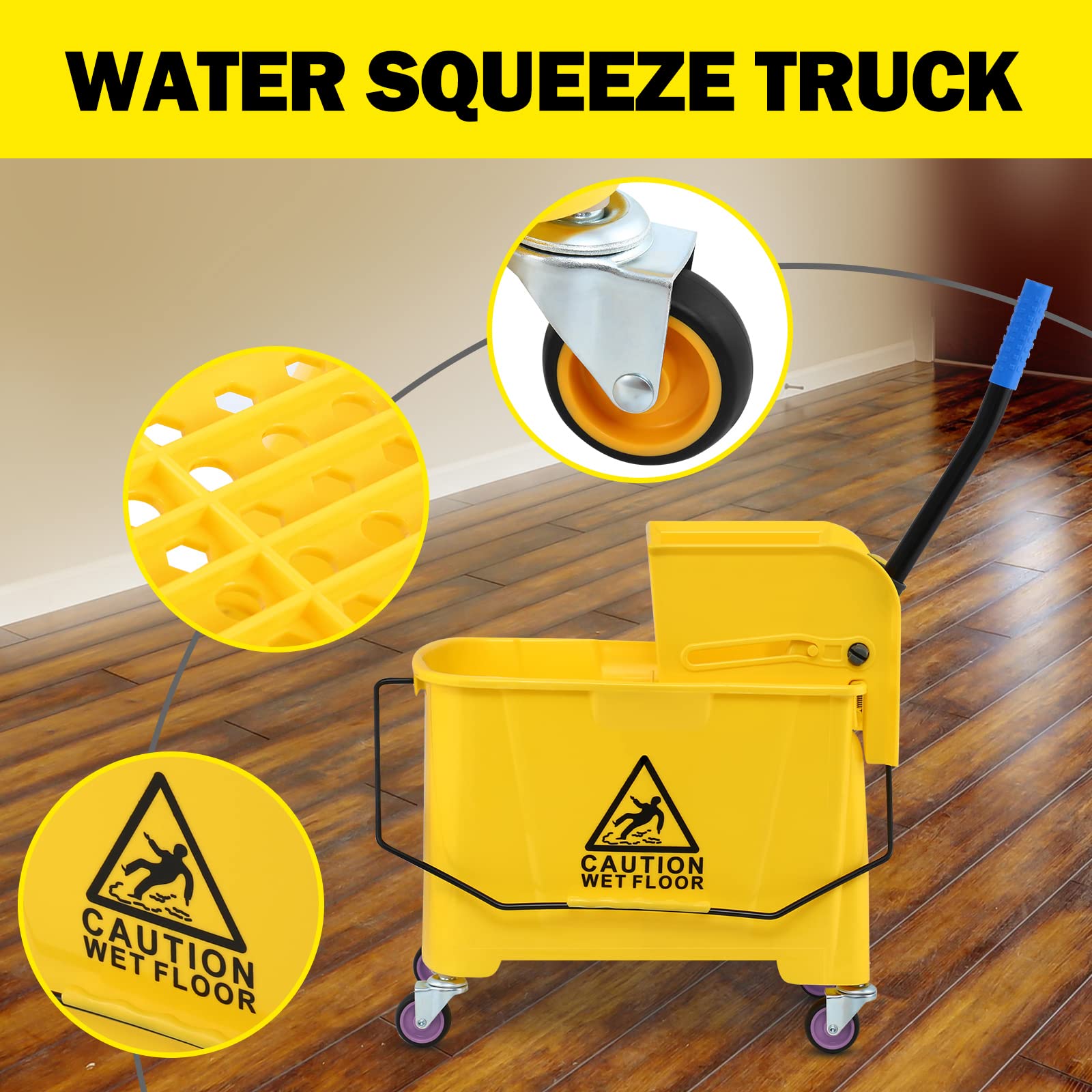 Youwise Commercial Mop Bucket with Wringer On Wheels, 5 Gallon 21Qt Plastic Side Press Wringer Household Portable Mop Bucket for Household and Commercial Use Floor Cleaning, Yellow