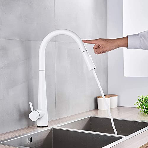 Yalsfowe White Kitchen Faucet with Pull Down Sprayer Touch On Kitchen Faucet Smart Sensor Kitchen Faucet, Modern Faucets for Kitchen Sinks Single Handle Single Hole