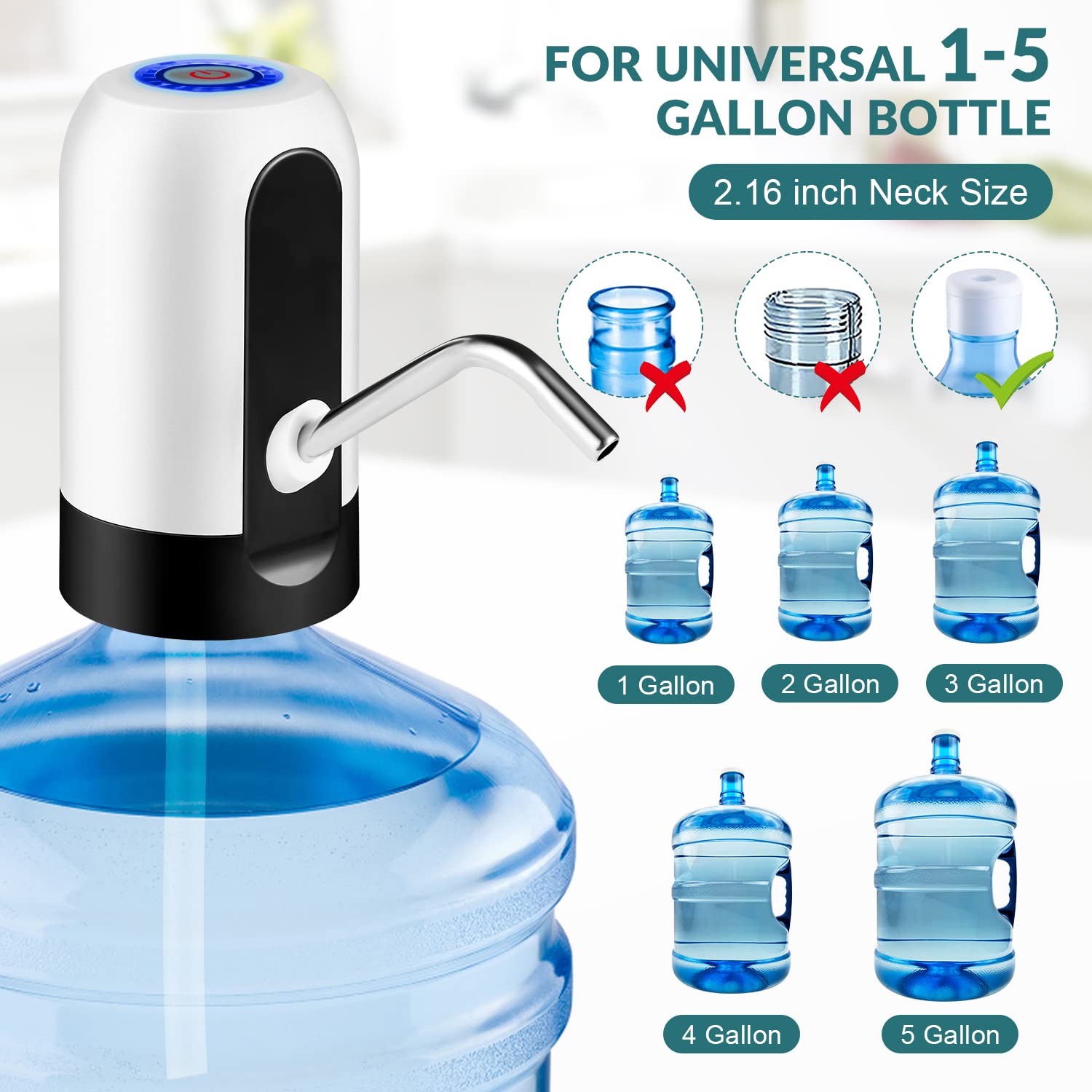 5 Gallon Water Dispenser, LONEASY Portable USB Charging Electric Drinking Water Pump for 5 Gallon Bottle, Automatic Water Jug Dispenser Water Bottle Pump for Home Kitchen Office Camping