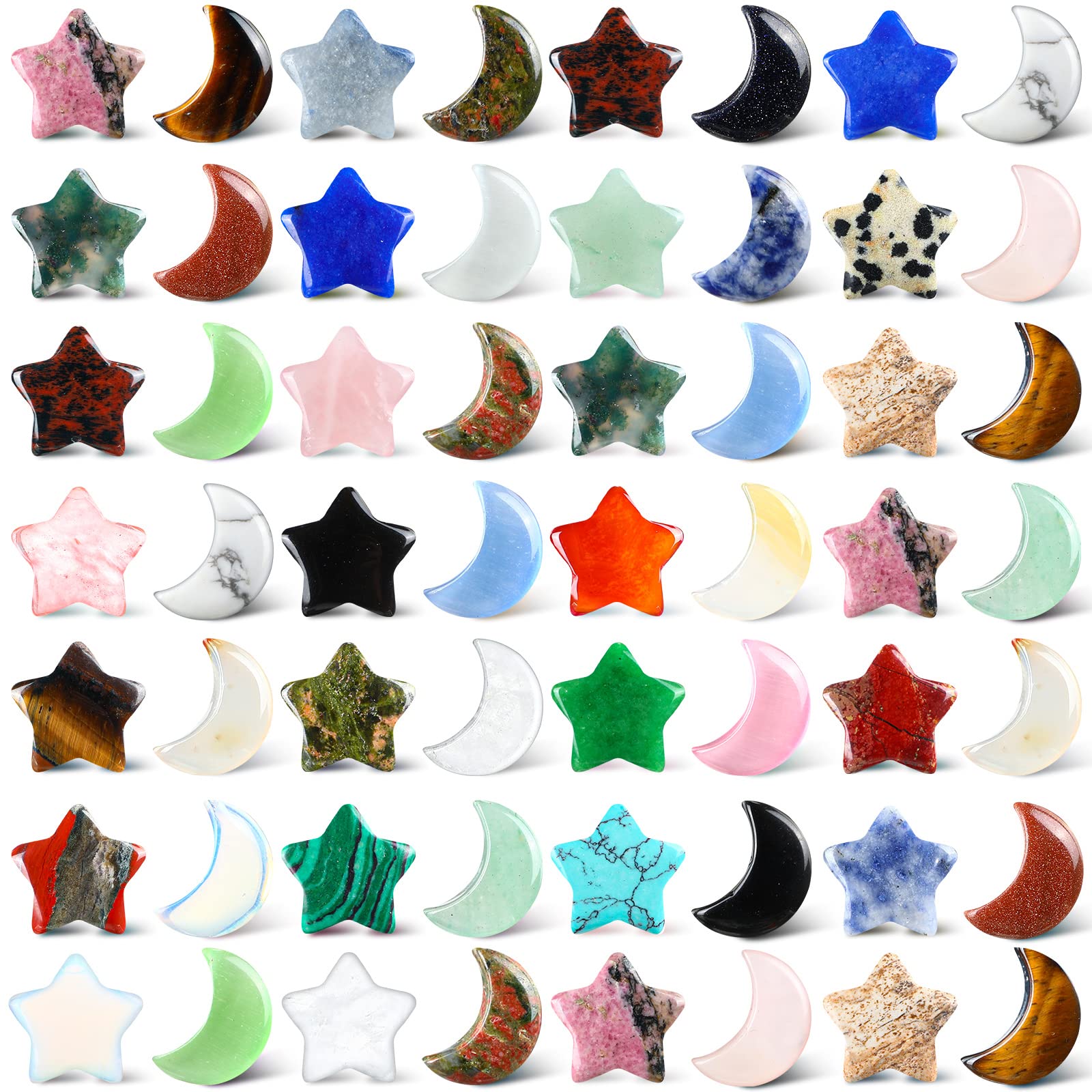 60 Pieces Star Shaped Crystals and Moon Shaped Crystals Worry Stones Assorted Palm Thumb Stones Hand Making Gemstone Quartz Decorative Crystal for Witchcraft Meditation DIY Balancing Jewelry