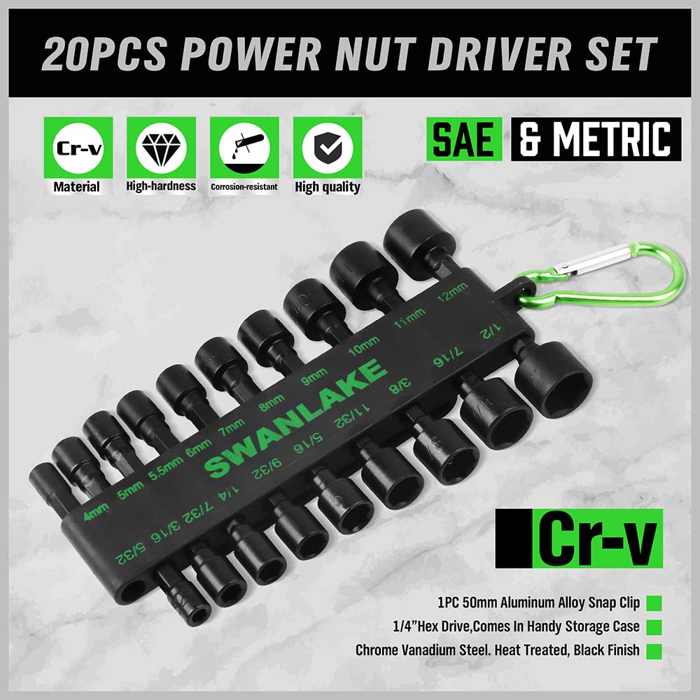 SWANLAKE 20PCS Power Nut Driver Set for Impact Drill, 1/4” Hex Head Drill Bit Set SAE and Metric