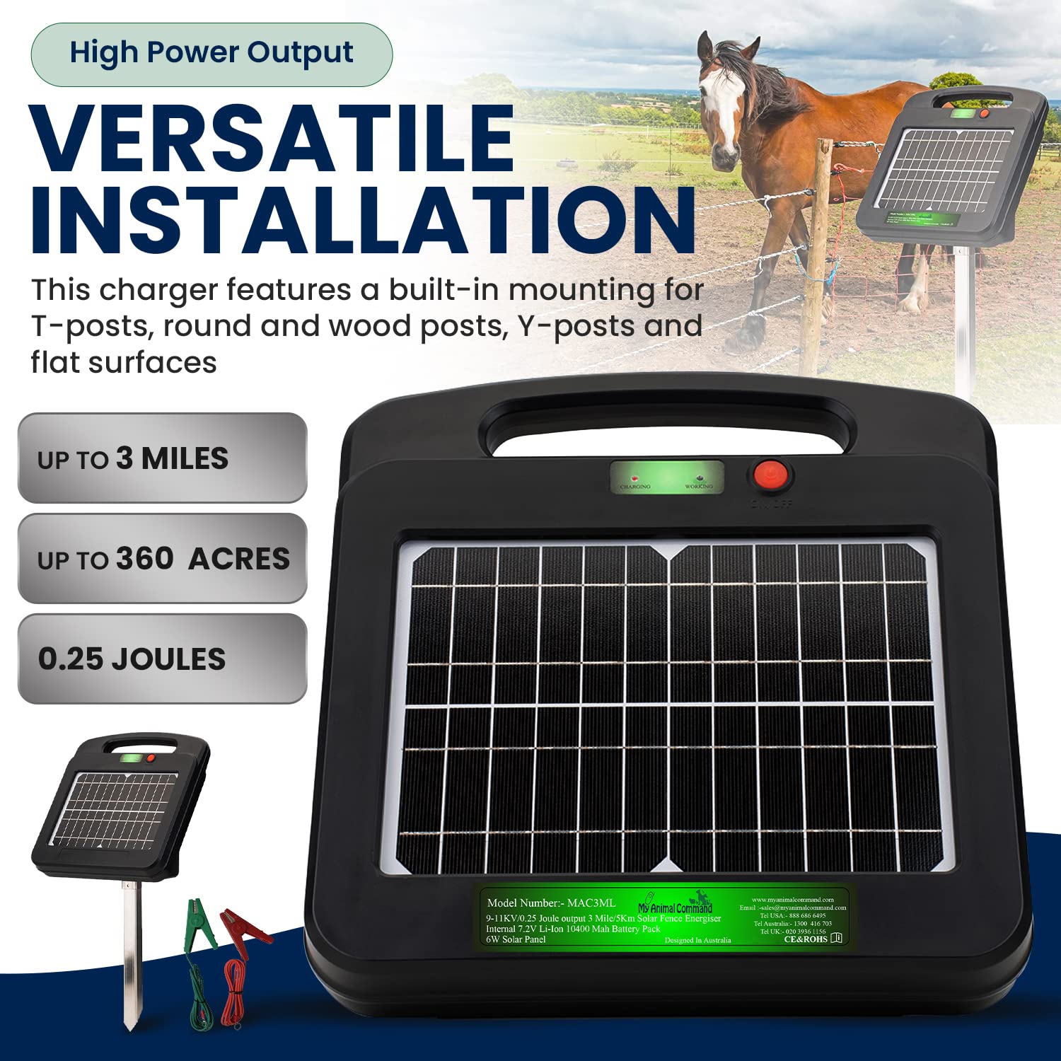 My Animal Command Solar Powered Electric Fence Charger 3 Mile 0.25 Joules Output (9-11KV) Electric Fence Energizer Containment & Protection of Livestock, Horses, Cattle Sheep, Pets Easy Installation