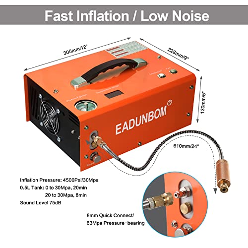 EADUNBOM PCP Air Compressor 4500Psi/30Mpa Built-in Power Adapter(AC 110V/220V or DC 12V) Set-pressure Auto-Stop Oil/Water-Free HPA Compressor for PCP Air Rifle Air Pistol Paintball Gun Scuba Tank