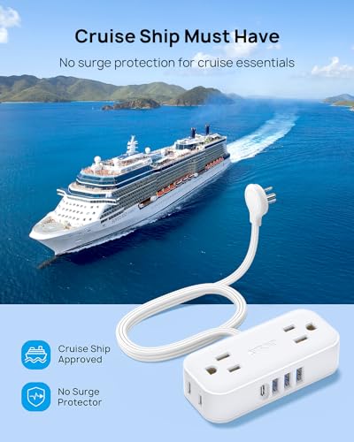 TROND Flat Plug Power Strip, 5Ft Ultra Thin Extension Cord, Travel Power Strip with 4 USB Charger (1USB C), 4 AC Outlets, No Surge Protector for Travel, Cruise Ship, Dorm Room Essentials, White