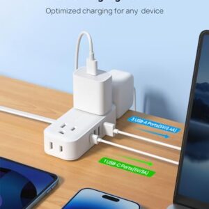 TROND Flat Plug Power Strip, 5Ft Ultra Thin Extension Cord, Travel Power Strip with 4 USB Charger (1USB C), 4 AC Outlets, No Surge Protector for Travel, Cruise Ship, Dorm Room Essentials, White