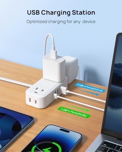 TROND Flat Plug Power Strip, 5Ft Ultra Thin Extension Cord, Travel Power Strip with 4 USB Charger (1USB C), 4 AC Outlets, No Surge Protector for Travel, Cruise Ship, Dorm Room Essentials, White