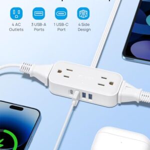 TROND Flat Plug Power Strip, 5Ft Ultra Thin Extension Cord, Travel Power Strip with 4 USB Charger (1USB C), 4 AC Outlets, No Surge Protector for Travel, Cruise Ship, Dorm Room Essentials, White