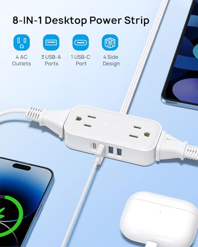 TROND Flat Plug Power Strip, 5Ft Ultra Thin Extension Cord, Travel Power Strip with 4 USB Charger (1USB C), 4 AC Outlets, No Surge Protector for Travel, Cruise Ship, Dorm Room Essentials, White