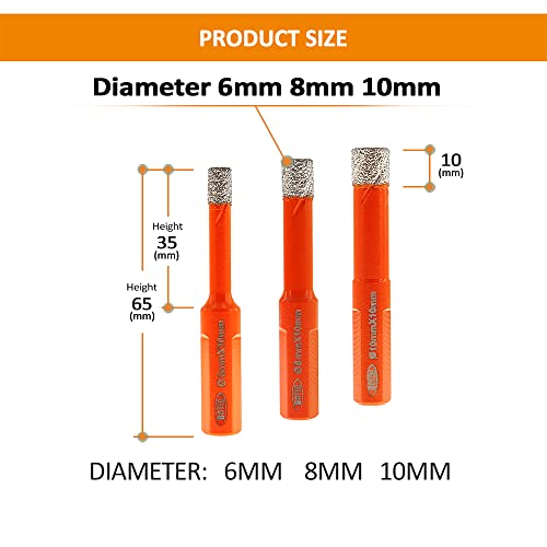 Dry Diamond Core Drill Bit, BGTEC 5Pcs 6mm 6mm 6mm 8mm 10mm Vacuum Brazed Hole Saw with Triangle Shank for Porcelain Tile Ceramic Granite Marble Masonry