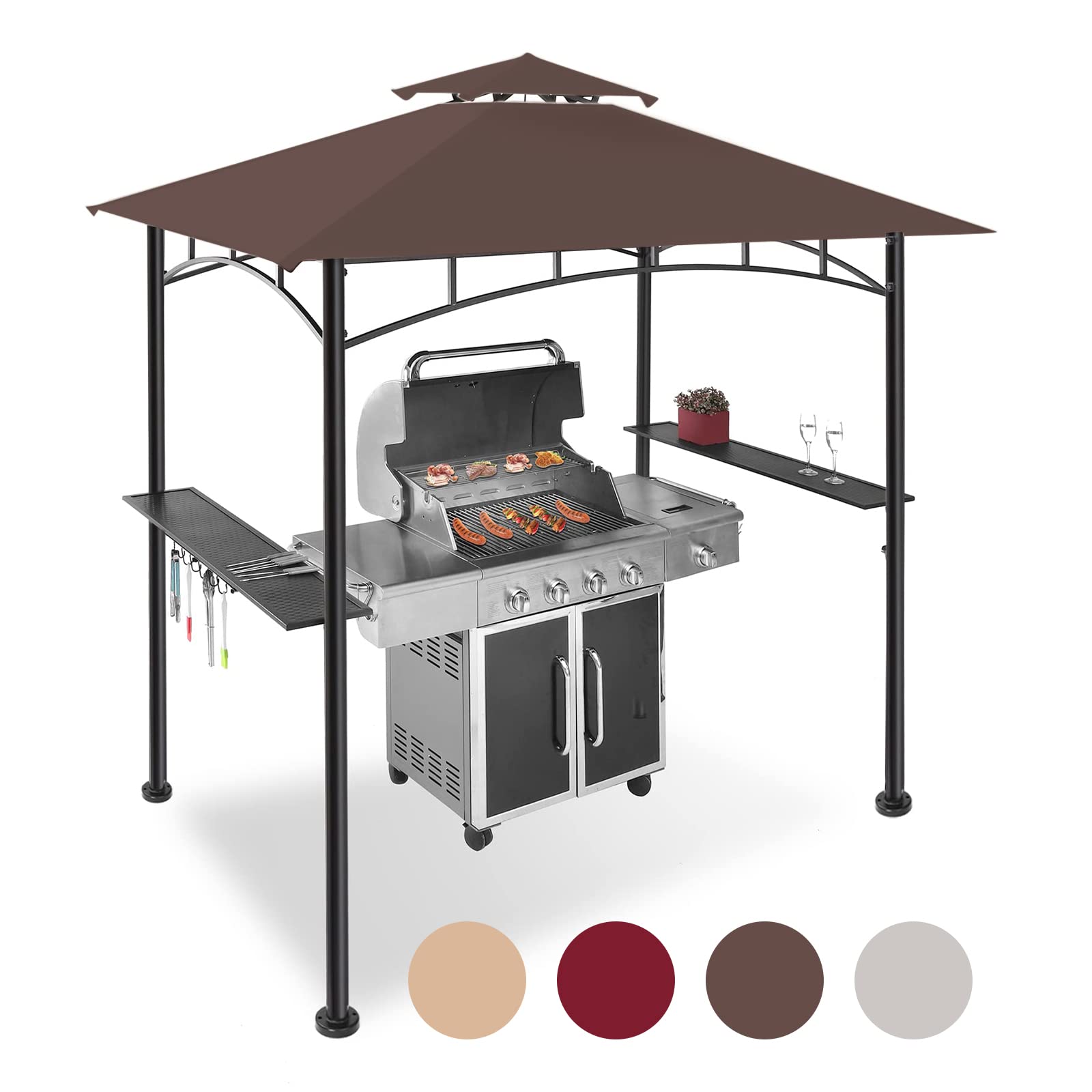 5x8ft Grill Gazebo Canopy for Patio, Outdoor BBQ Gazebo with Shelves & Extra 2 LED Light, (Brown)