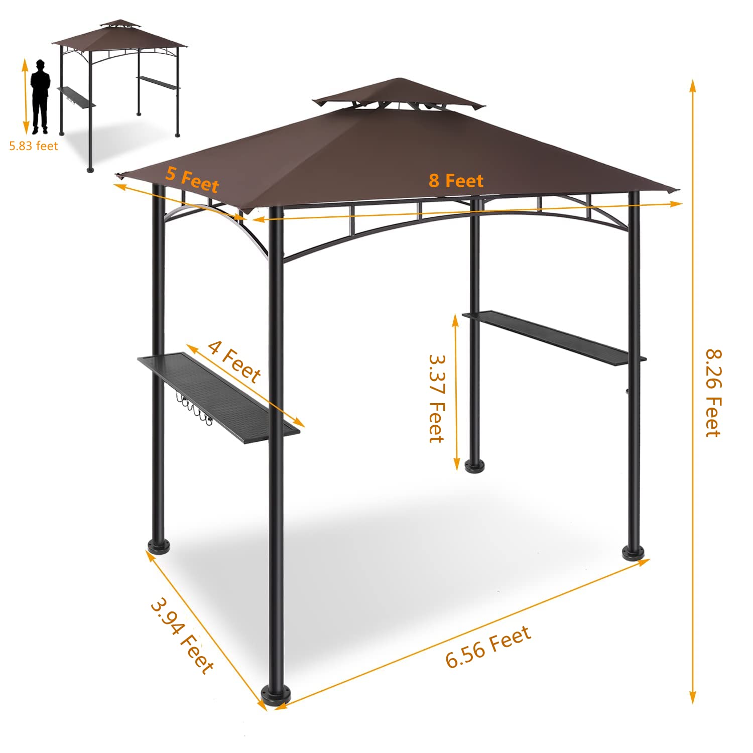 5x8ft Grill Gazebo Canopy for Patio, Outdoor BBQ Gazebo with Shelves & Extra 2 LED Light, (Brown)