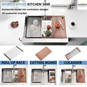 33 Inch Stainless Steel Farmhouse Sink-SOMRXO 30"×22" Flat Apron Front Farmhouse Kitchen Sink Workstation Ledge 16 Gauge SUS304 Stainless Steel Kitchen Sink Offset Drain Single Bowl Kitchen Sink