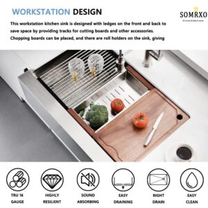 33 Inch Stainless Steel Farmhouse Sink-SOMRXO 30"×22" Flat Apron Front Farmhouse Kitchen Sink Workstation Ledge 16 Gauge SUS304 Stainless Steel Kitchen Sink Offset Drain Single Bowl Kitchen Sink