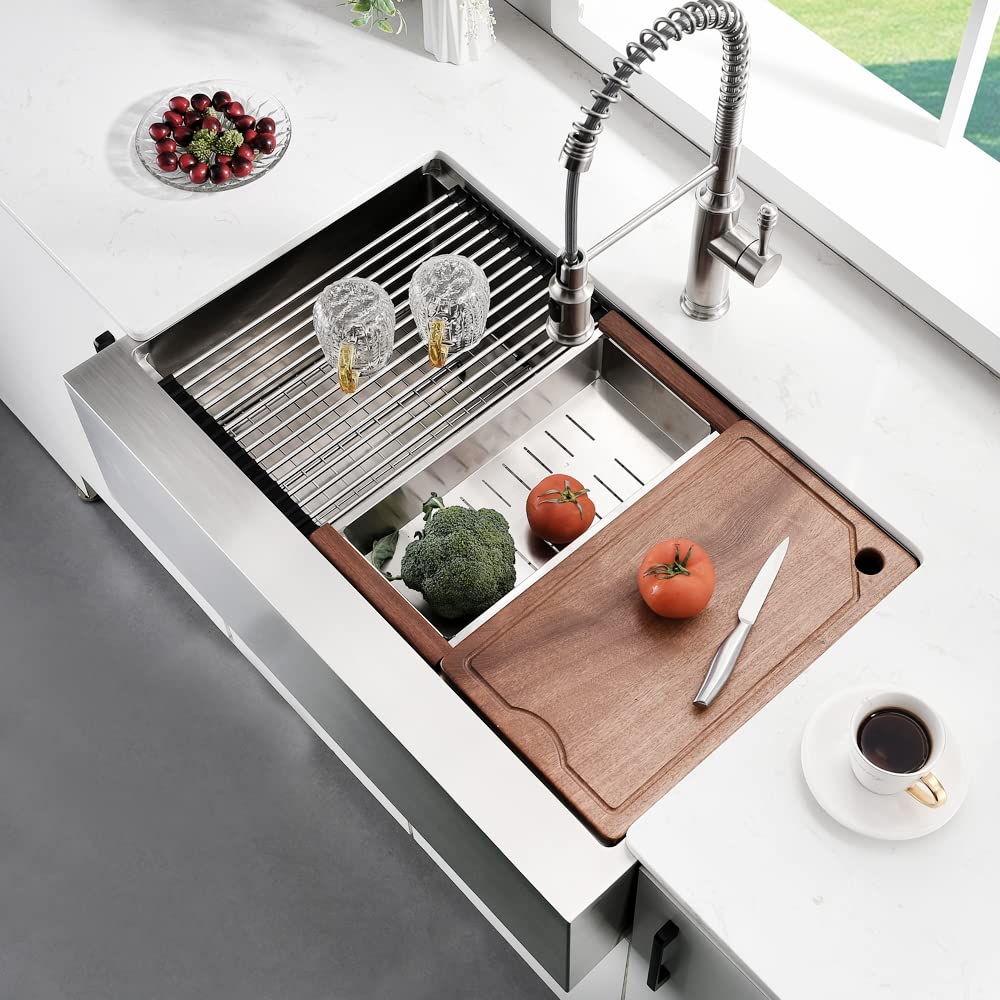 33 Inch Stainless Steel Farmhouse Sink-SOMRXO 30"×22" Flat Apron Front Farmhouse Kitchen Sink Workstation Ledge 16 Gauge SUS304 Stainless Steel Kitchen Sink Offset Drain Single Bowl Kitchen Sink