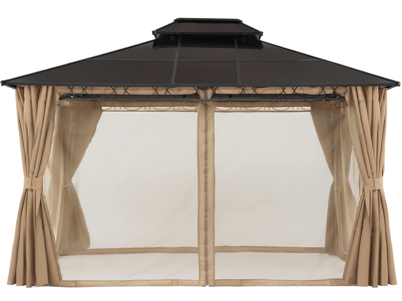 COOSHADE 10×10 Polycarbonate Roof Patio Gazebos Double Vent Waterproof Outdoor Gazebo with Curtains and Mosquito Netting (Dark Grey)