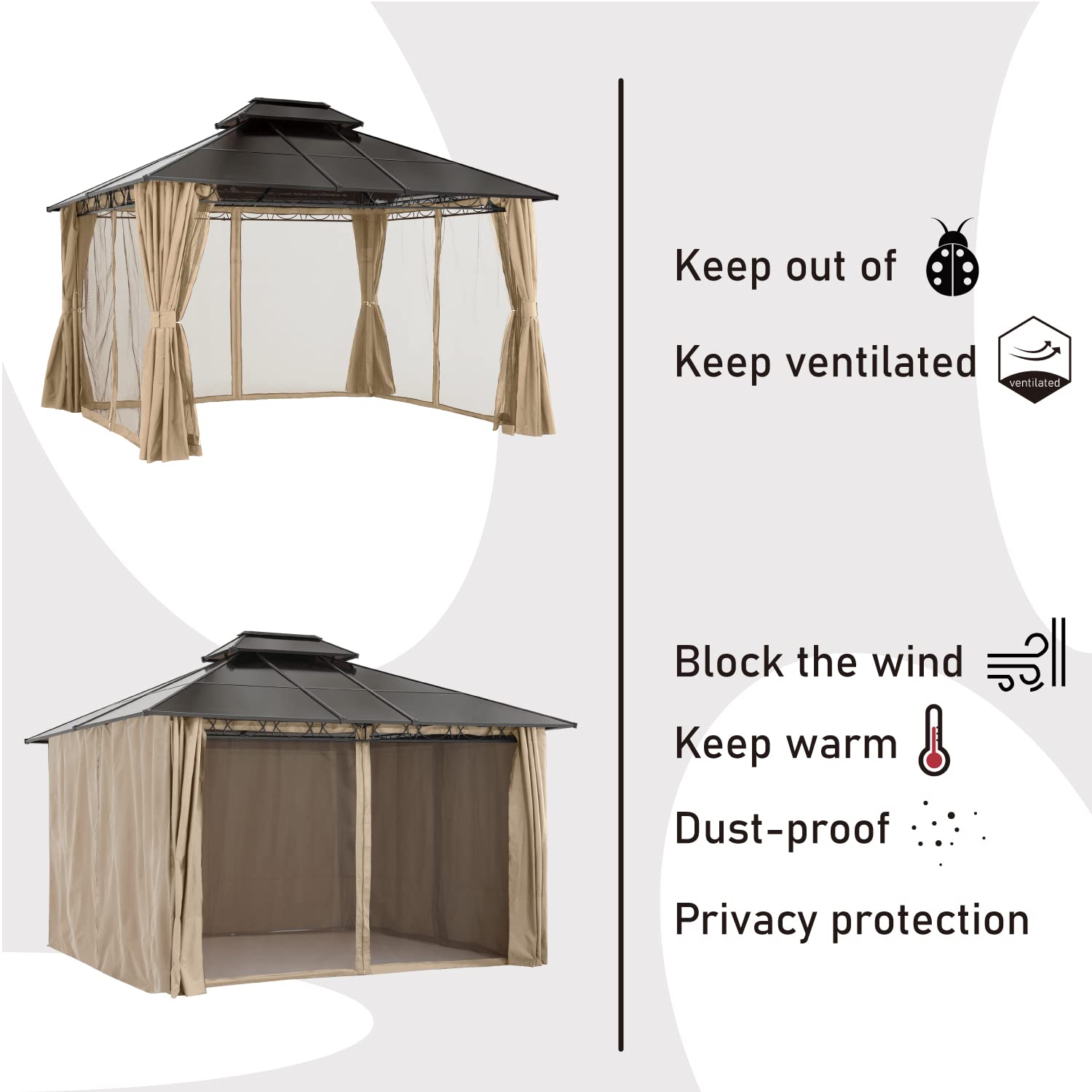 COOSHADE 10×10 Polycarbonate Roof Patio Gazebos Double Vent Waterproof Outdoor Gazebo with Curtains and Mosquito Netting (Dark Grey)