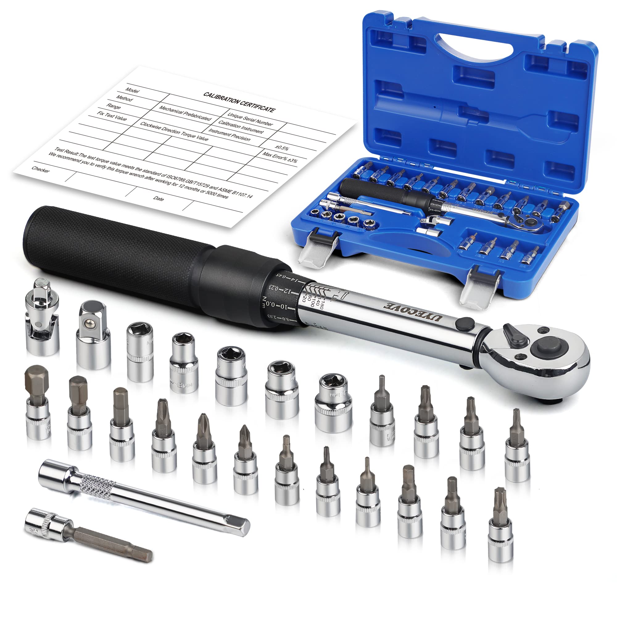 UYECOVE 1/4-Inch Drive Click Torque Wrench 26pcs Set, 20-200in.lb/ 2.26-22.6Nm, Bike Torque Wrench Set with Extension Bar Adaptor & Sockets, High Accuracy Dual-Direction Reversible