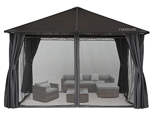 COOSHADE 10×12 Polycarbonate Roof Patio Gazebos Waterproof Outdoor Gazebo with Curtains and Mosquito Netting (Dark Grey)