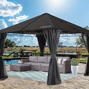 COOSHADE 10×12 Polycarbonate Roof Patio Gazebos Waterproof Outdoor Gazebo with Curtains and Mosquito Netting (Dark Grey)