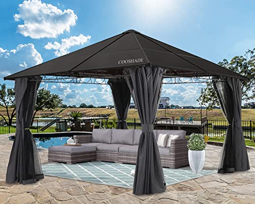 COOSHADE 10×12 Polycarbonate Roof Patio Gazebos Waterproof Outdoor Gazebo with Curtains and Mosquito Netting (Dark Grey)