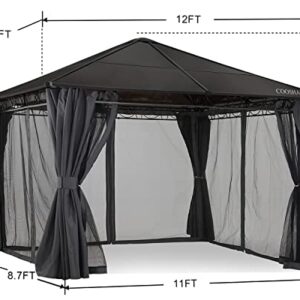 COOSHADE 10×12 Polycarbonate Roof Patio Gazebos Waterproof Outdoor Gazebo with Curtains and Mosquito Netting (Dark Grey)