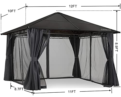 COOSHADE 10×12 Polycarbonate Roof Patio Gazebos Waterproof Outdoor Gazebo with Curtains and Mosquito Netting (Dark Grey)