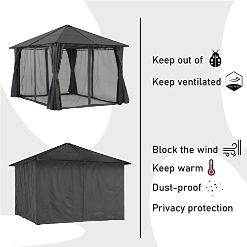 COOSHADE 10×12 Polycarbonate Roof Patio Gazebos Waterproof Outdoor Gazebo with Curtains and Mosquito Netting (Dark Grey)