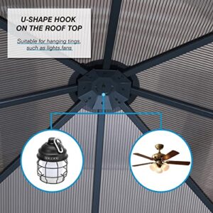 COOSHADE 10×12 Polycarbonate Roof Patio Gazebos Waterproof Outdoor Gazebo with Curtains and Mosquito Netting (Dark Grey)