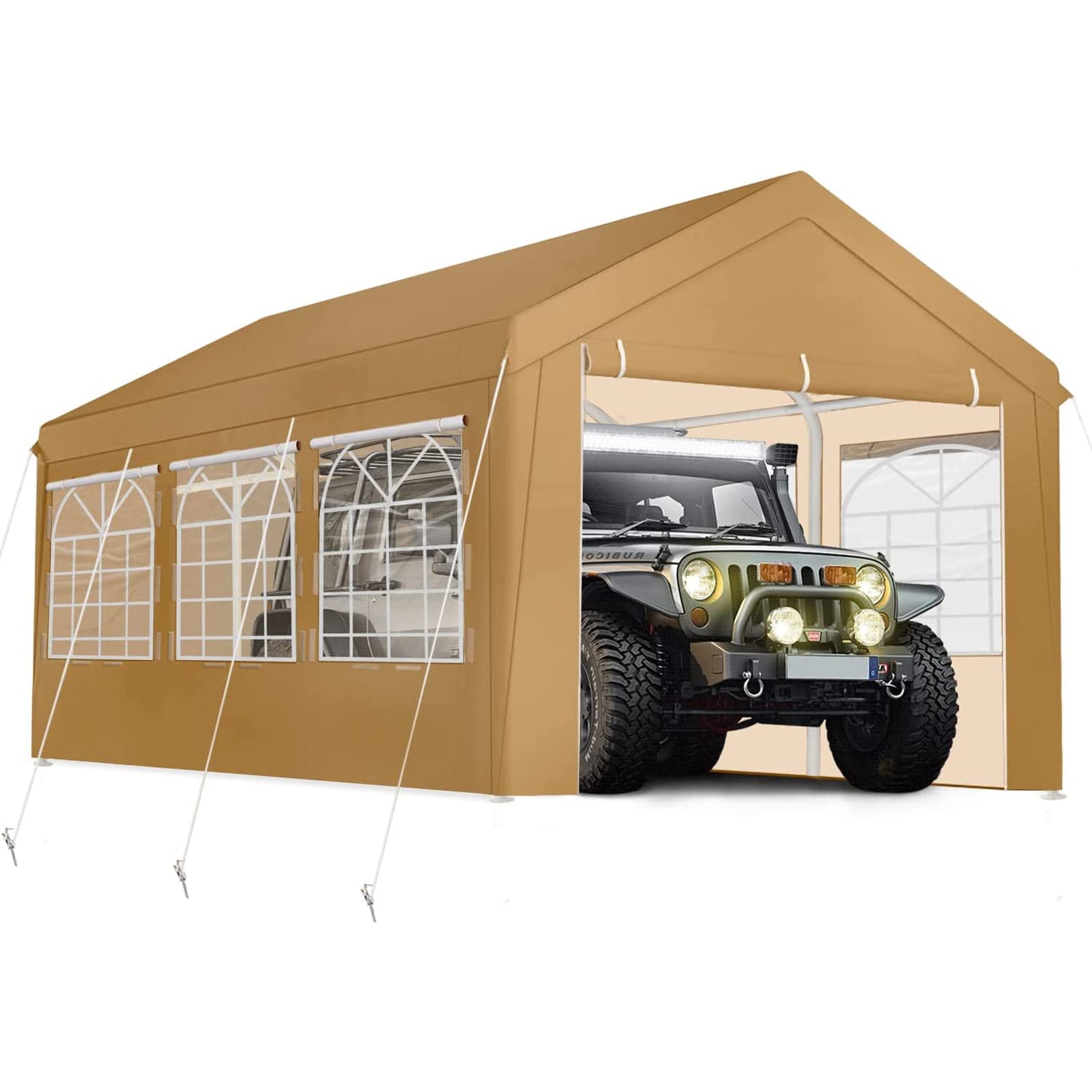 10'x20' Deluxe Metal Carport Garage Car Canopy, Height Adjustable Heavy Duty Car Shelter with Folding Windows, Portable Garage