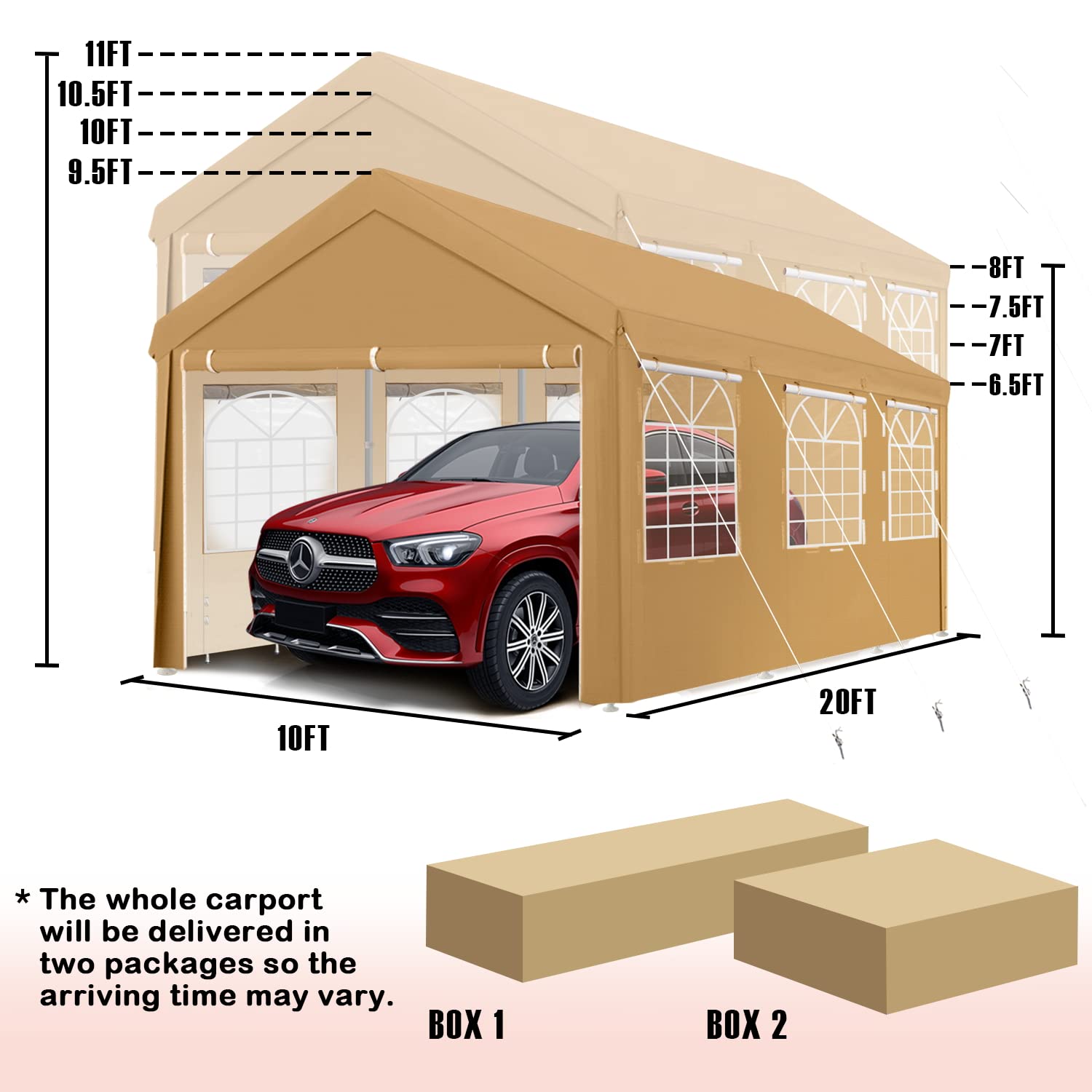 10'x20' Deluxe Metal Carport Garage Car Canopy, Height Adjustable Heavy Duty Car Shelter with Folding Windows, Portable Garage