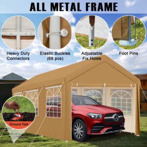 10'x20' Deluxe Metal Carport Garage Car Canopy, Height Adjustable Heavy Duty Car Shelter with Folding Windows, Portable Garage