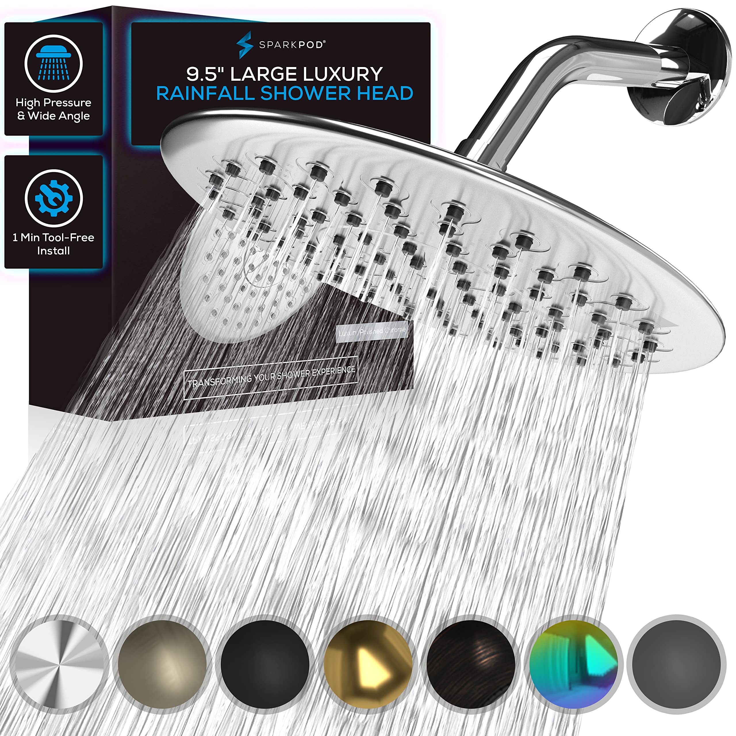 SparkPod 9.5 Inch Large Rain Shower Head - Luxury Rainfall Shower Head - High Pressure Showerhead, Full Body Coverage with Anti-Clog Silicone Nozzles -No Hassle, Easy Install (1/2 NPT, Chrome)