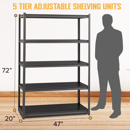 Rigma 5 Tier Garage Shelf, Heavy Duty Steel Shelving Unit, Adjustable Metal Multi-use Storage Rack, Shelves for Garage Kitchen Office Warehouse Industrial Utility Yard 47" W X 20" D X 72" H, (Black)