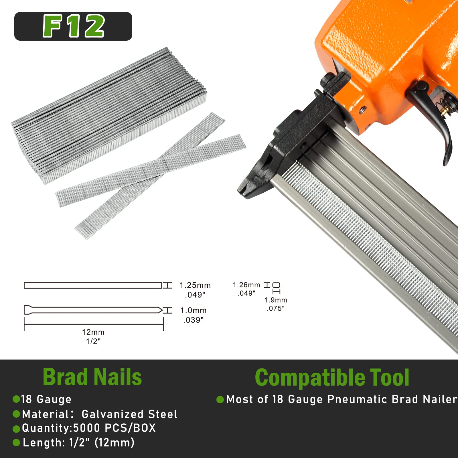 18 Gauge 1/2-Inch Brad Nails - 5,000 Count - F12 Galvanized Finish Nails for 18GA Brad Nailers