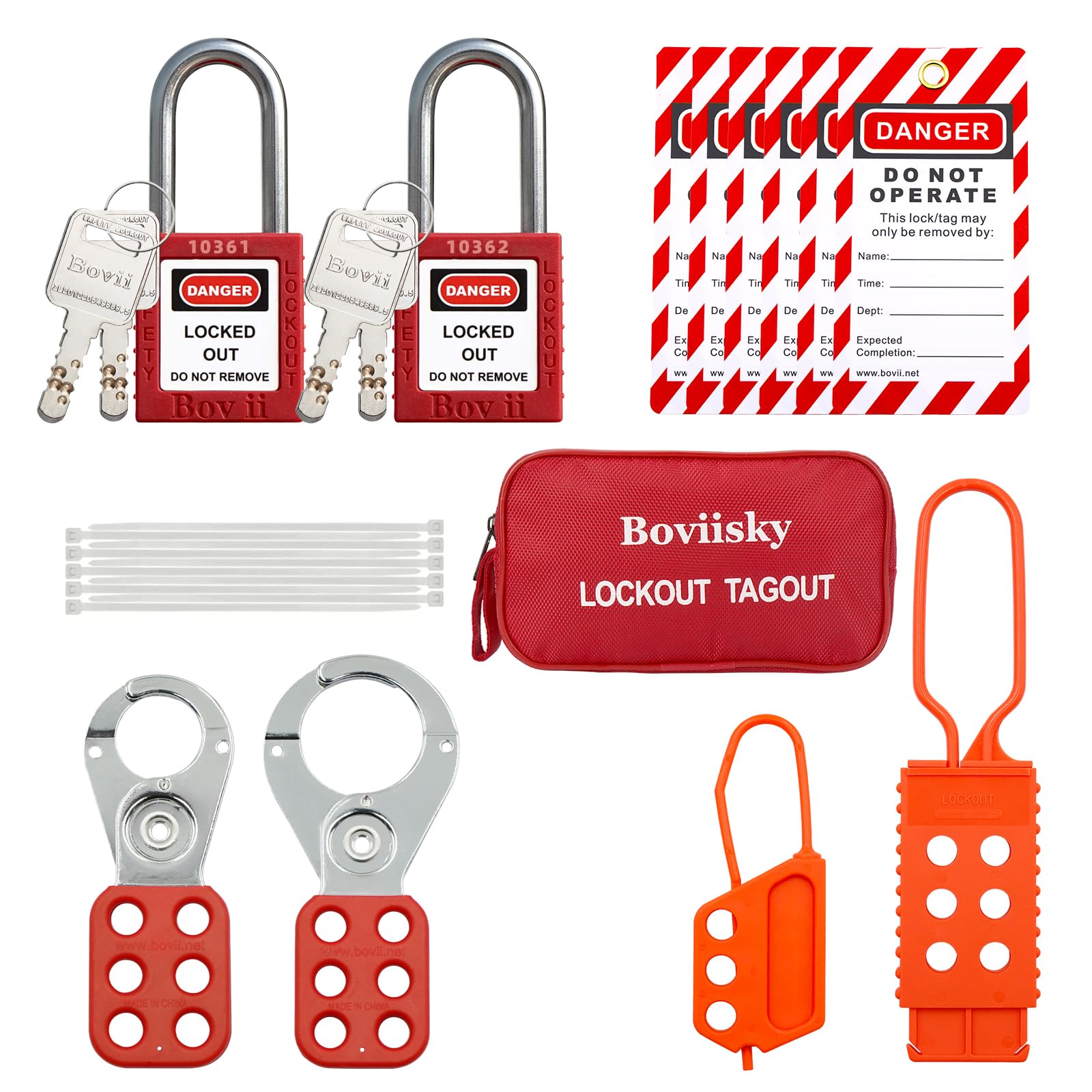 Boviisky Lockout Tagout Kit with Red Safety Padlocks, Hasps Set, Loto Tags, Bag, Electrical Lock Out Tag Out Kits, Keyed Different, 2 Keys Per Locks