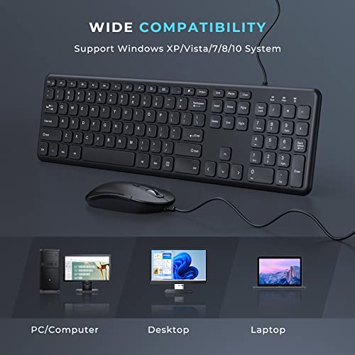 Wired Keyboard and Mouse Combo, USB Wired Corded Keyboard Mouse Set, Ultra Thin Full Size Keyboard and Mouse with Number Pad for Windows 7/8/10 Computer Laptop PC Desktop Notebook-Black