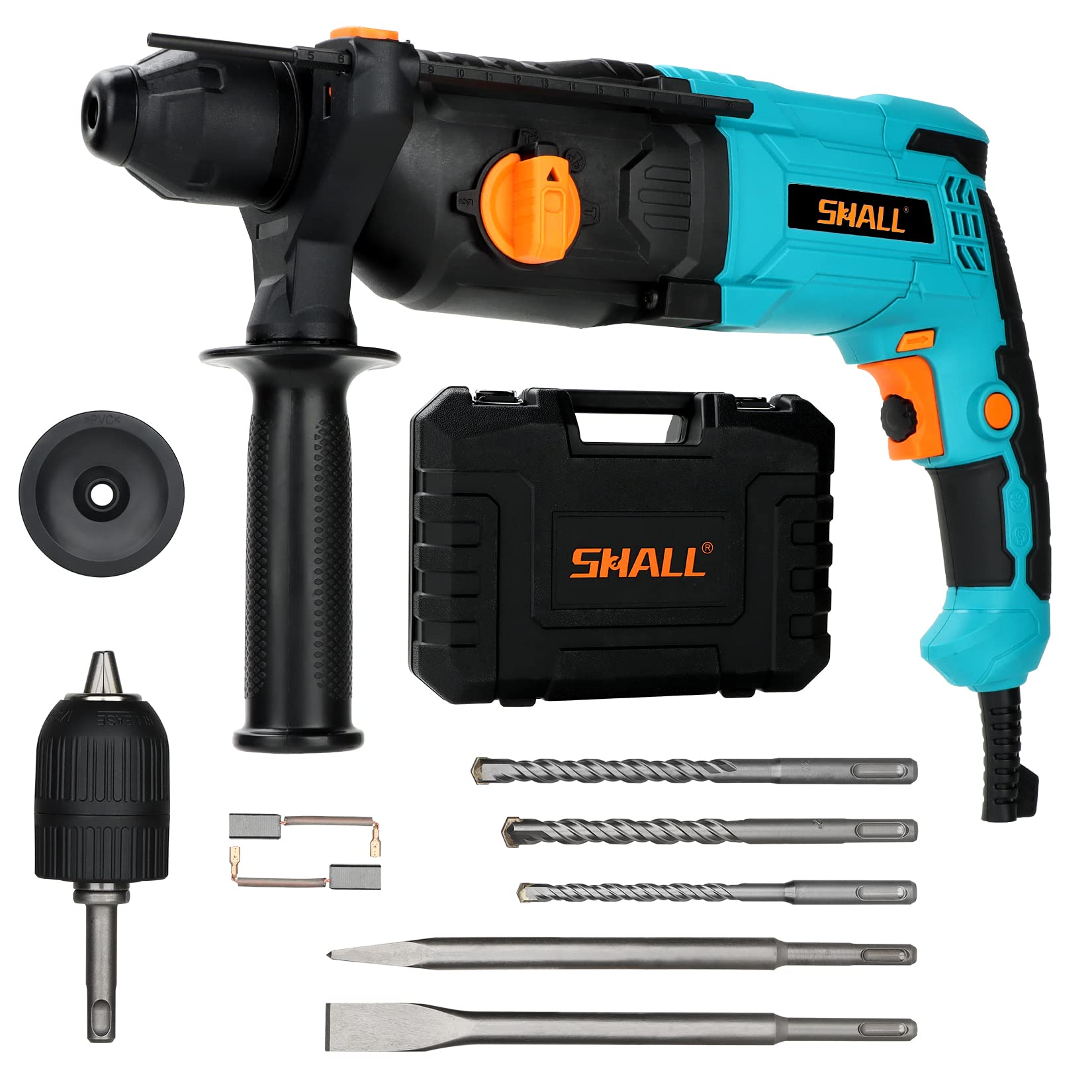 SHALL 1 Inch SDS Plus Heavy Duty Rotary Hammer Drill, 900W Rotomartillo, 6 Variable Speeds, Flat Chisel, Point Chisel and 3 Drill Bits Included, for Drilling, Hammering, Chiseling, 0-1150 RPM