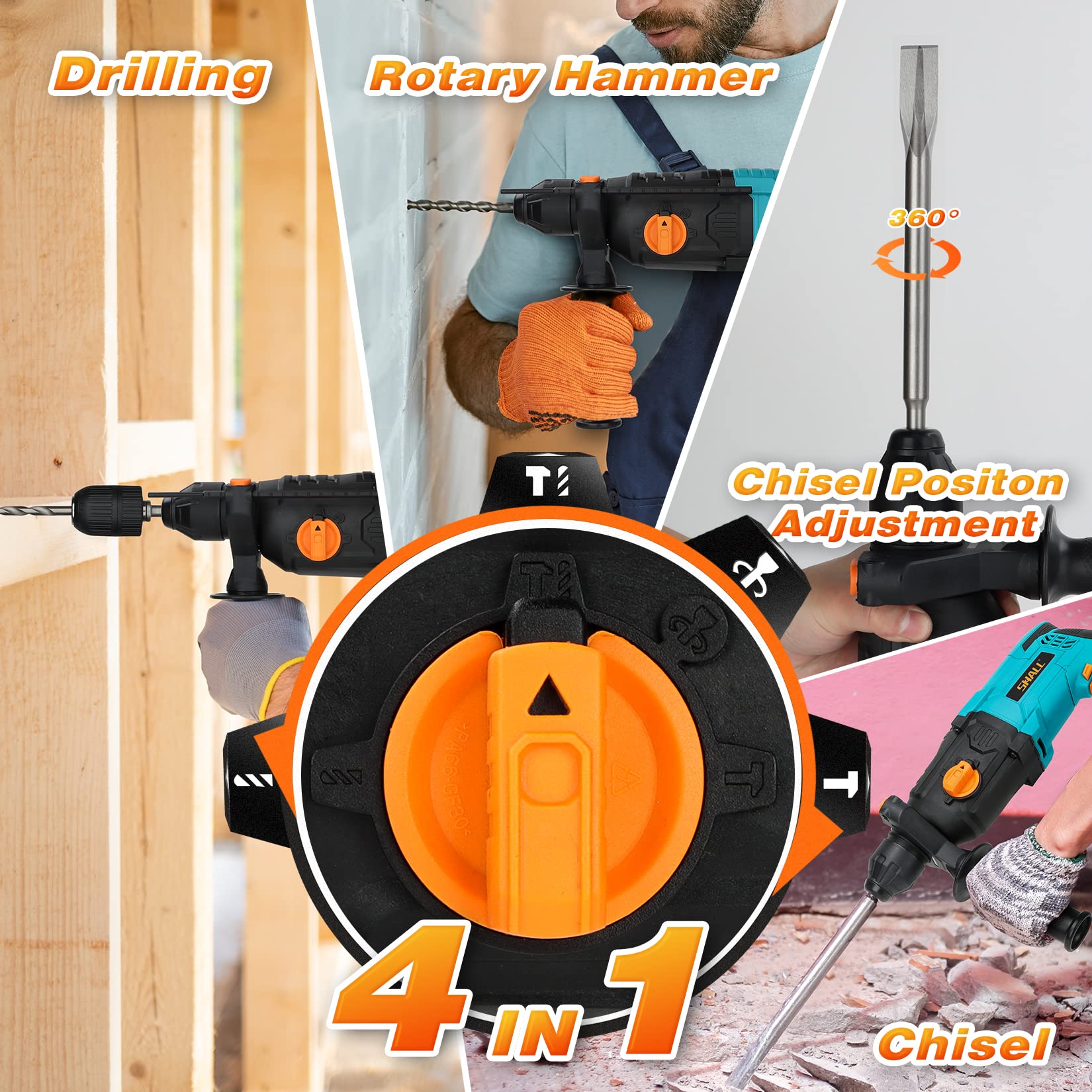 SHALL 1 Inch SDS Plus Heavy Duty Rotary Hammer Drill, 900W Rotomartillo, 6 Variable Speeds, Flat Chisel, Point Chisel and 3 Drill Bits Included, for Drilling, Hammering, Chiseling, 0-1150 RPM