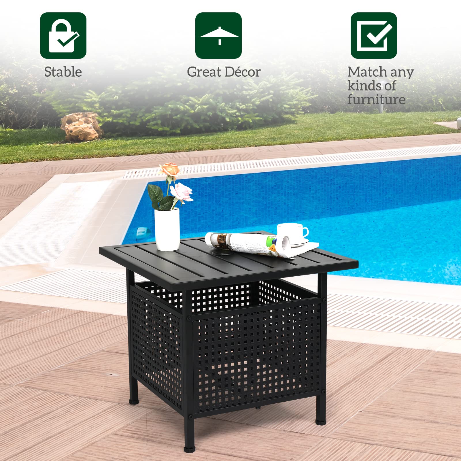 VINGLI Outdoor Side Table with Umbrella Hole 1.57" Umbrella Stand Table, Metal Patio Side Table Coffee Table End Table for Garden, Pool, Deck