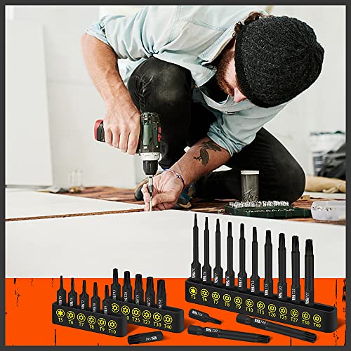 HORUSDY 24-Piece Tamper Resistant Star Bits, S2 Alloy Steel, 1" and 2.3" Long T5 - T40 Security Torx Bit Set.