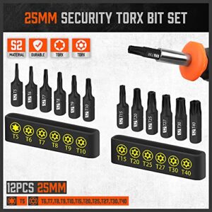 HORUSDY 24-Piece Tamper Resistant Star Bits, S2 Alloy Steel, 1" and 2.3" Long T5 - T40 Security Torx Bit Set.