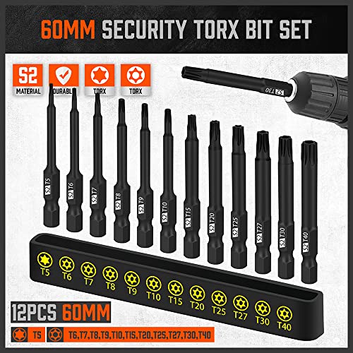 HORUSDY 24-Piece Tamper Resistant Star Bits, S2 Alloy Steel, 1" and 2.3" Long T5 - T40 Security Torx Bit Set.