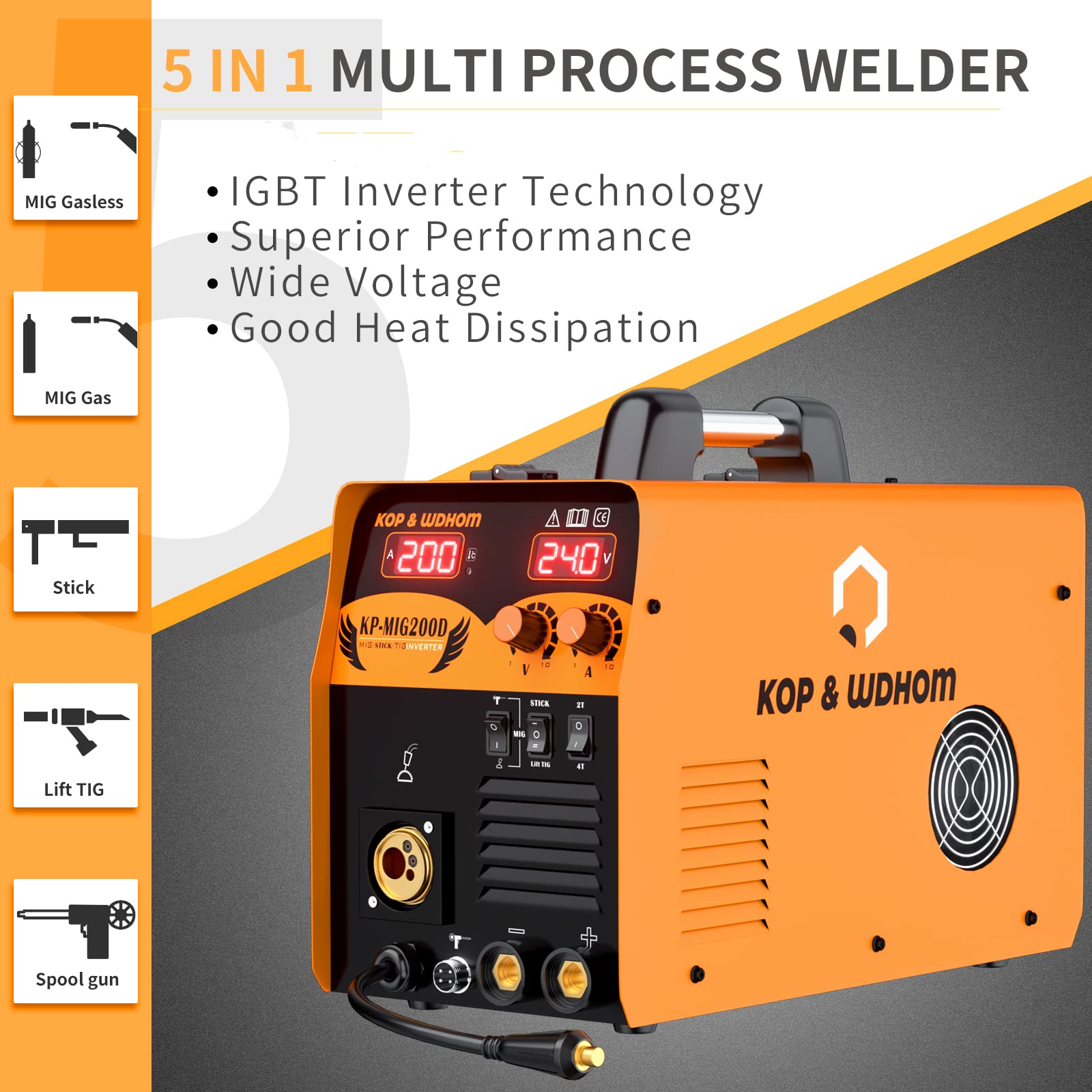 MIG Welder Machine 200Amp 110/220V Dual Voltage,Flux MIG Gas Gasless MIG Welding Machine MIG/Lift TIG/ARC 5 in 1 Multiprocess Aluminum MIG Welder, Spool Gun Compatible