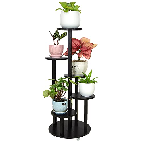 Bamboo Plant Stand for Indoor Outdoor 5 Tier Tall Corner Plant Stand Round Display Rack Multiple Flower Pots Holder Shelf for Patio Garden, Living Room, Balcony and Bedroom (Black)