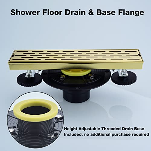 TRUSTMI Linear Shower Drain 12 Inch with Removable Brickwork Pattern Grate, Adjustable Feet Rectangular Floor Drain with Hair Catcher and Shower Drain Base Flange, Brushed Gold