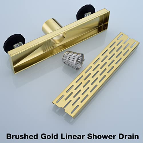 TRUSTMI Linear Shower Drain 12 Inch with Removable Brickwork Pattern Grate, Adjustable Feet Rectangular Floor Drain with Hair Catcher and Shower Drain Base Flange, Brushed Gold