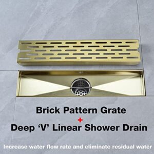 TRUSTMI Linear Shower Drain 12 Inch with Removable Brickwork Pattern Grate, Adjustable Feet Rectangular Floor Drain with Hair Catcher and Shower Drain Base Flange, Brushed Gold