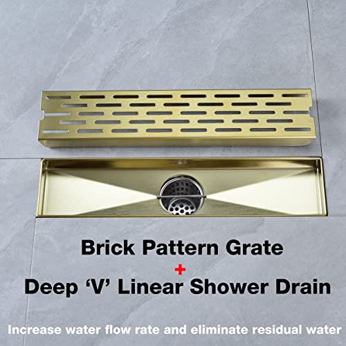 TRUSTMI Linear Shower Drain 12 Inch with Removable Brickwork Pattern Grate, Adjustable Feet Rectangular Floor Drain with Hair Catcher and Shower Drain Base Flange, Brushed Gold