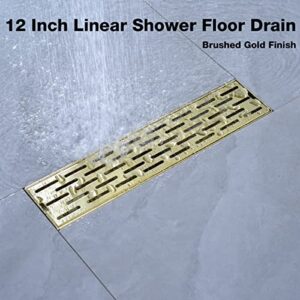 TRUSTMI Linear Shower Drain 12 Inch with Removable Brickwork Pattern Grate, Adjustable Feet Rectangular Floor Drain with Hair Catcher and Shower Drain Base Flange, Brushed Gold