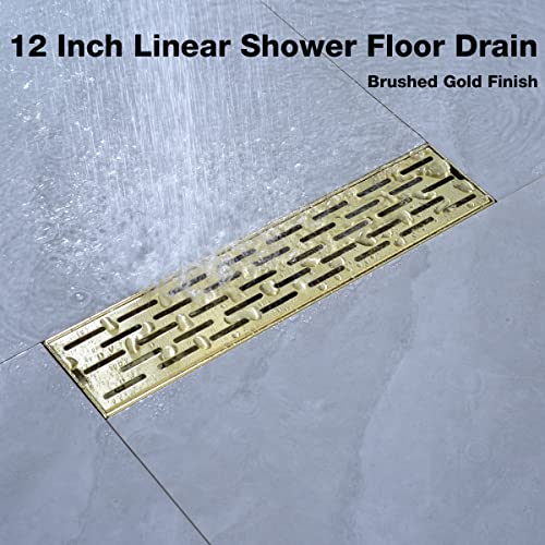 TRUSTMI Linear Shower Drain 12 Inch with Removable Brickwork Pattern Grate, Adjustable Feet Rectangular Floor Drain with Hair Catcher and Shower Drain Base Flange, Brushed Gold